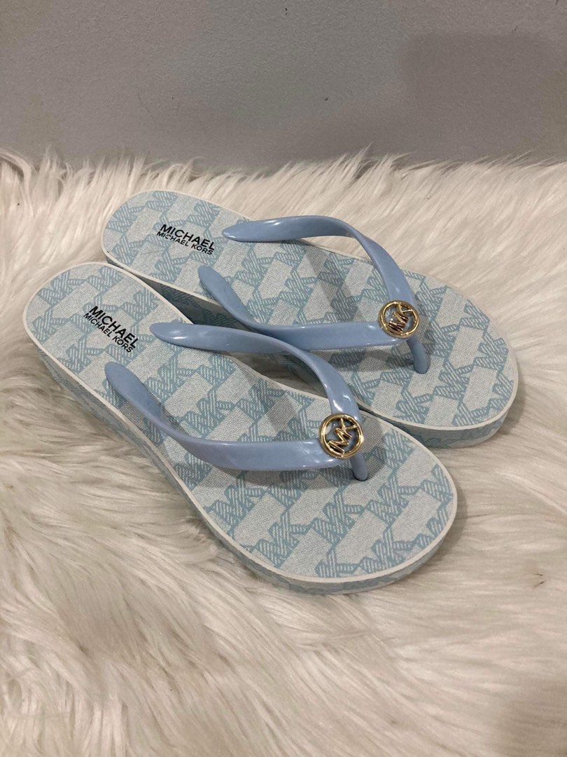 MK Logo Platform Flip Flop Sandals Pale Blue Size 7, Women's Fashion ...