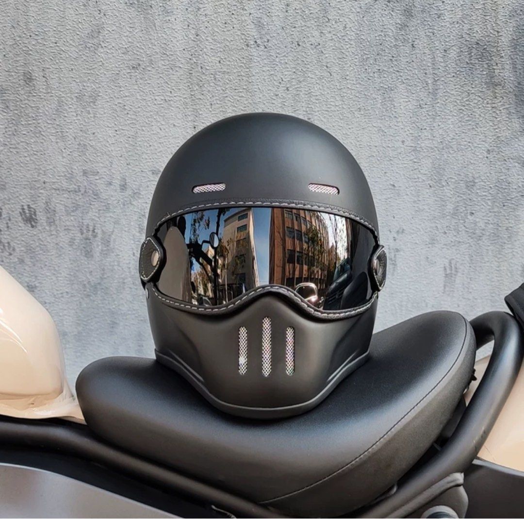 Matte Black Full Face Speed Bandit Motorcycle Helmet Face Three Button Snap Retro Vintage Vespa ...
