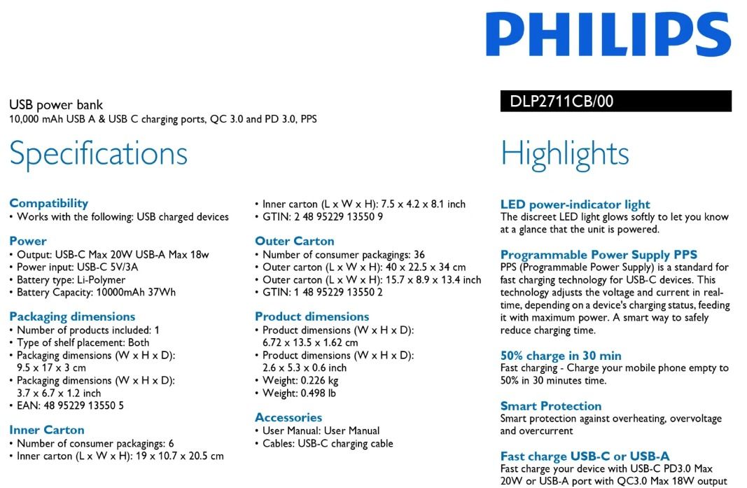 Philips DLP2711CB | 10000mAh Powerbank | PD 20W and QC | Smart ...