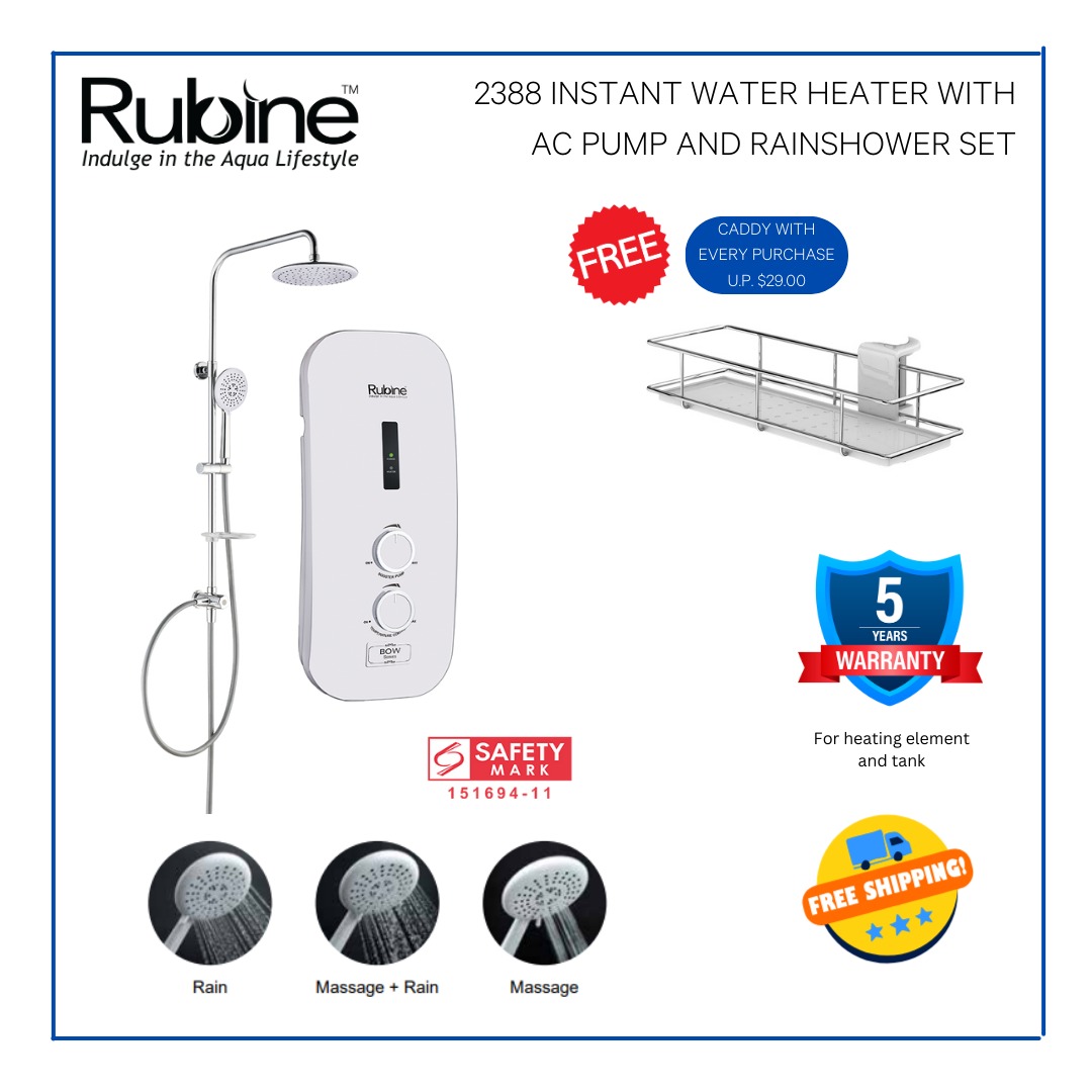 RUBINE 2388 Instant Water Heater With Rainshower, Furniture & Home ...