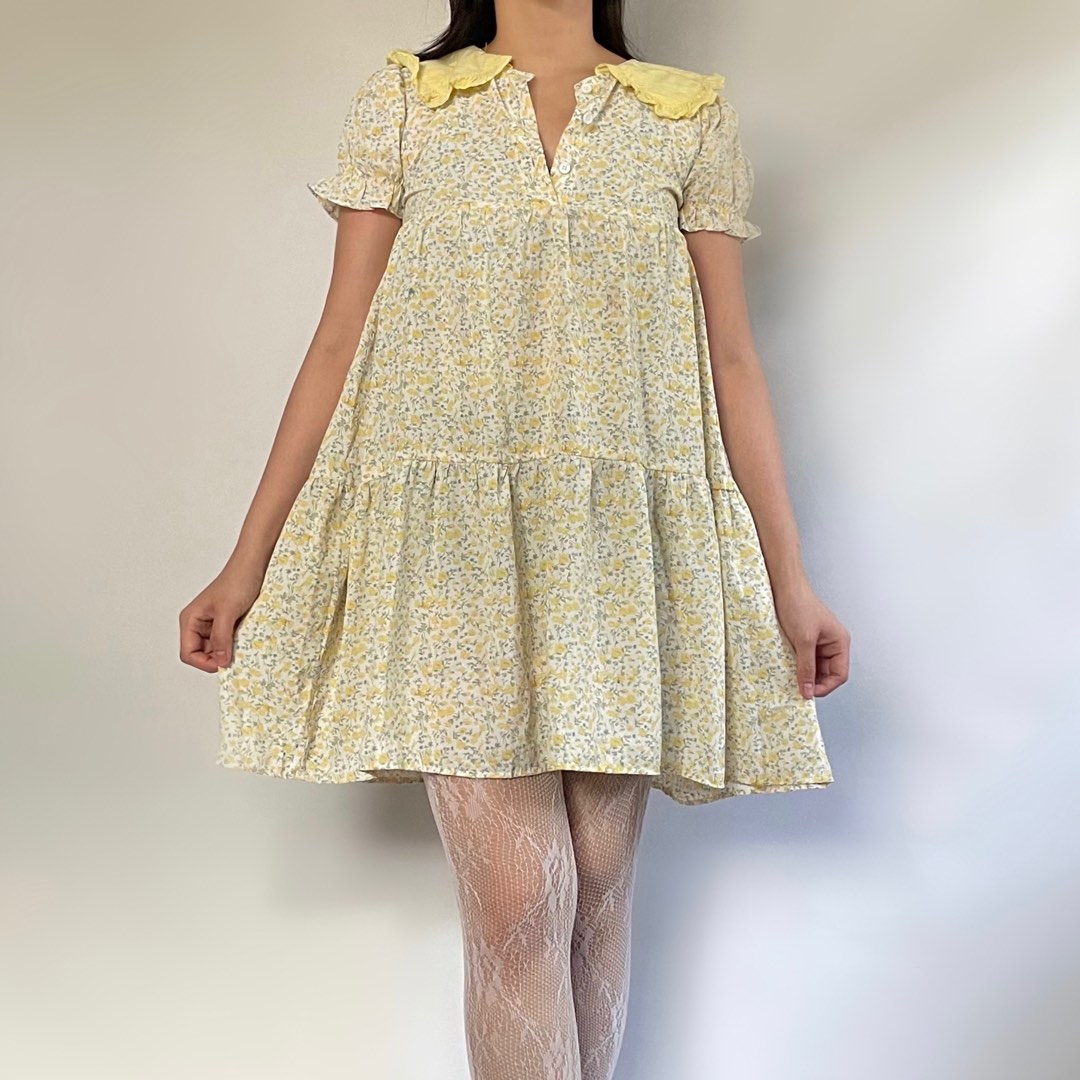 White x Yellow Ditsy Floral Preppy Coquette Cottagecore Babydoll Mini ...