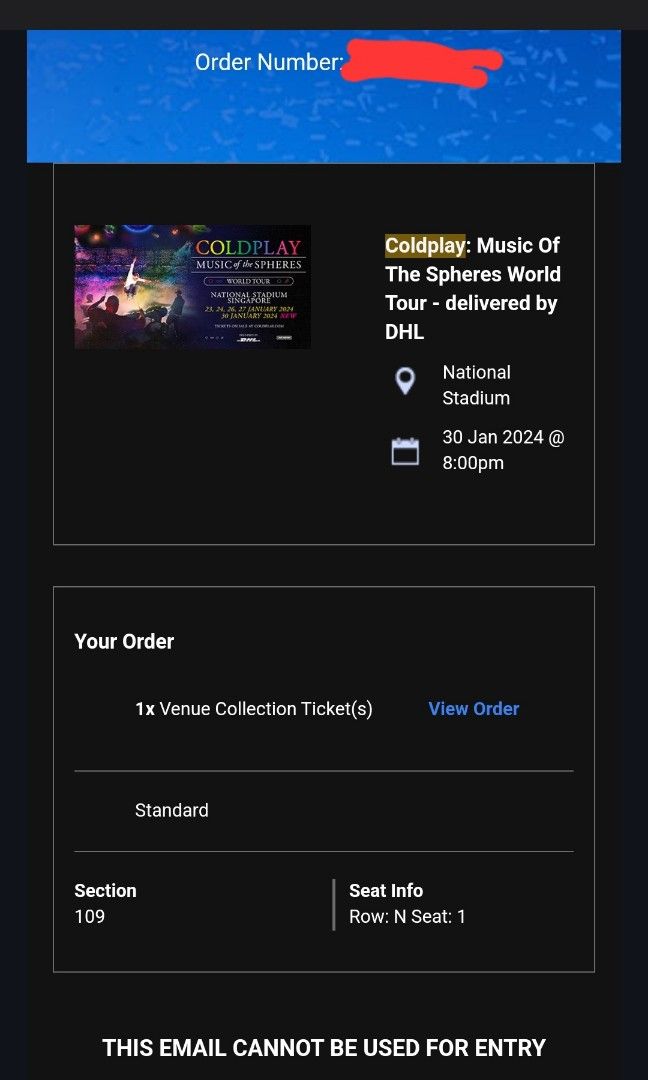 Coldplay SG 30 Jan, Cat 3 (1 ticket ONLY), Tickets & Vouchers, Event ...