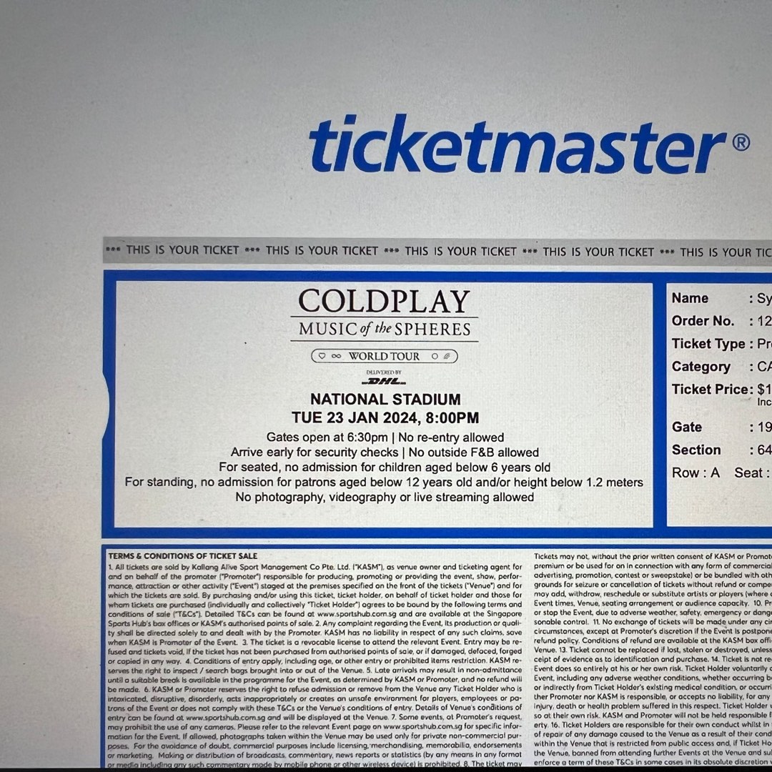 COLDPLAY TICKET x1 - 23 Jan, Tickets & Vouchers, Event Tickets on Carousell