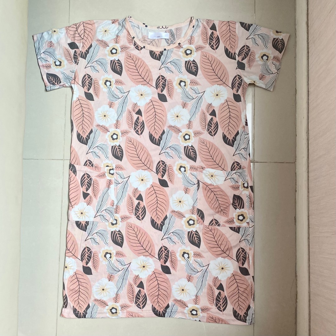 Daster kantong motif daun pink, Fesyen Wanita, Pakaian Wanita, Gaun ...