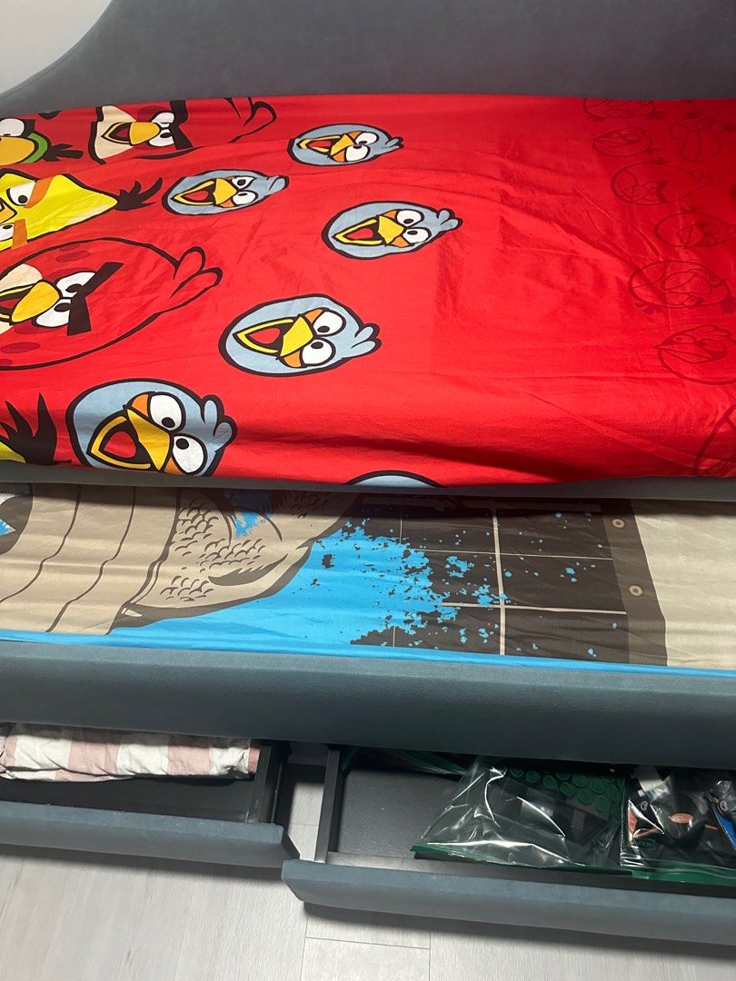 Double single bed frame with 3x storage space w/o mattress, Furniture ...