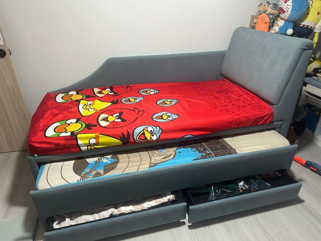 Double single bed frame with 3x storage space w/o mattress, Furniture ...