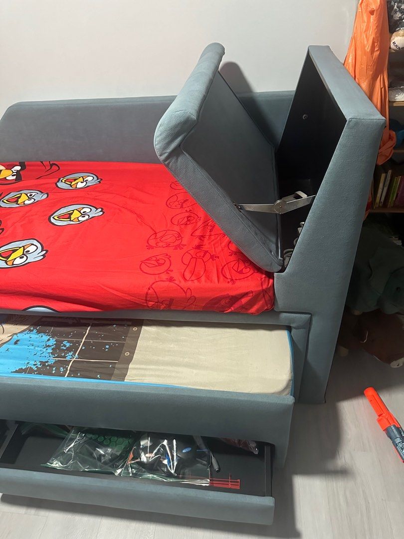 Double single bed frame with 3x storage space w/o mattress, Furniture ...