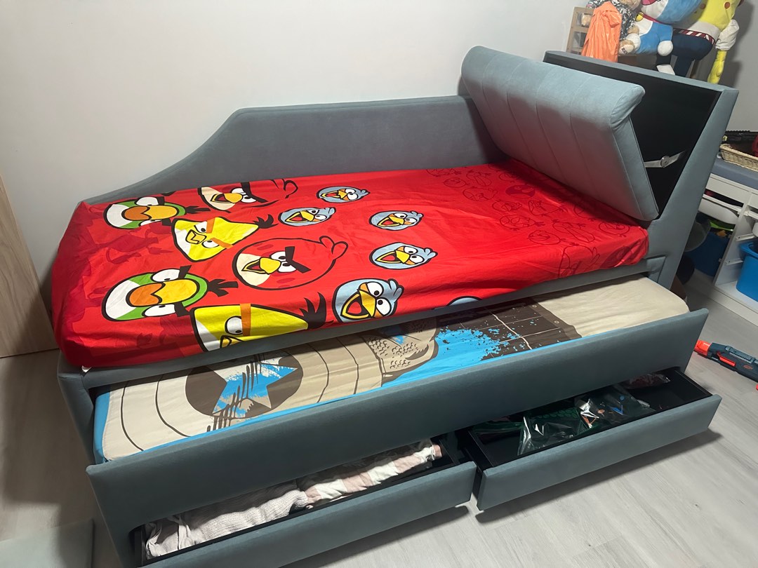 Double single bed frame with 3x storage space w/o mattress, Furniture ...