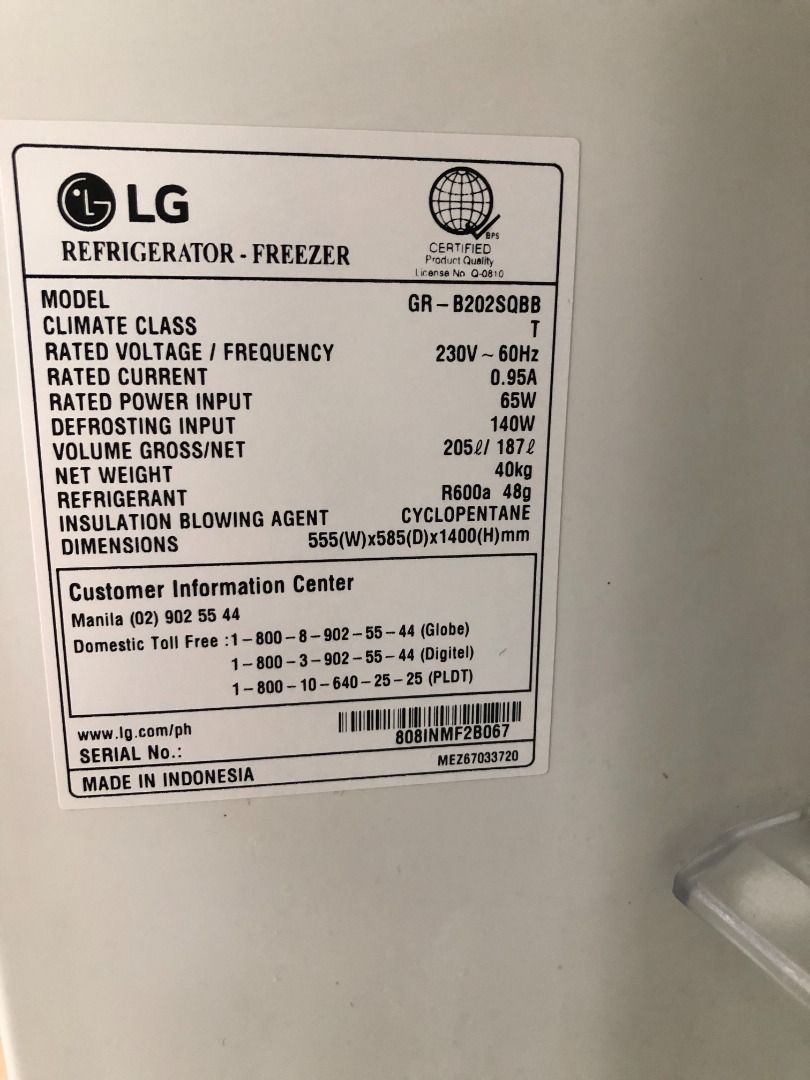 LG Refrigerator-Freezer GR-B202SQBB, TV & Home Appliances, Kitchen ...