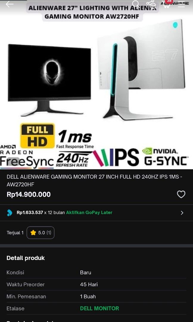 Monitor alienware aw2720hf 240hz, Elektronik, Bagian Komputer ...