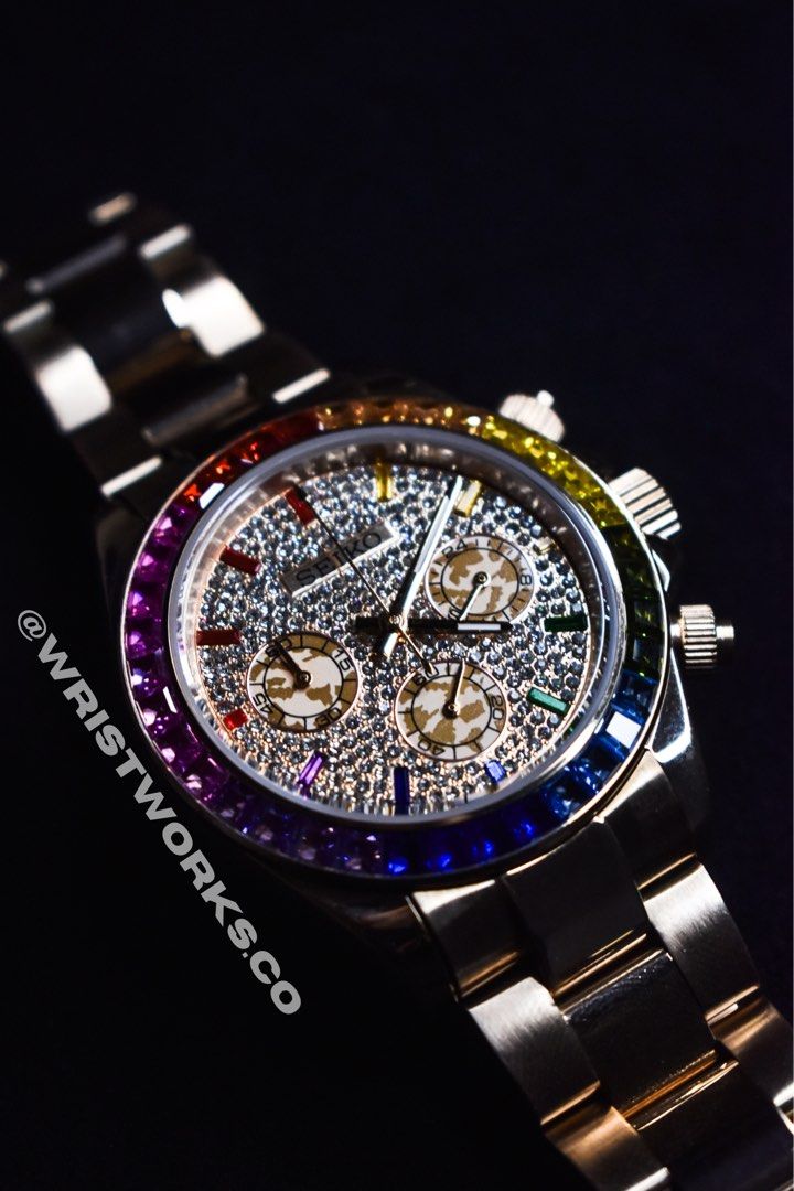 SEIKO MOD FULL ROSE GOLD ICED OUT RAINBOW DAYTONA 40MM, Men's Fashion ...