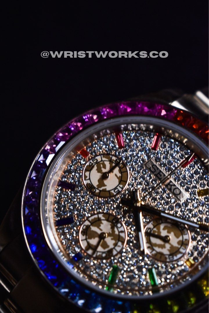 SEIKO MOD FULL ROSE GOLD ICED OUT RAINBOW DAYTONA 40MM, Men's Fashion ...