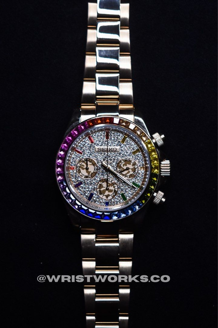 SEIKO MOD FULL ROSE GOLD ICED OUT RAINBOW DAYTONA 40MM, Men's Fashion ...