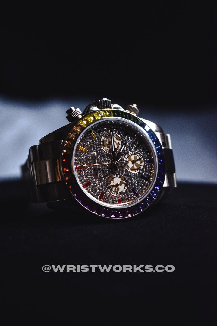 SEIKO MOD FULL ROSE GOLD ICED OUT RAINBOW DAYTONA 40MM, Men's Fashion ...