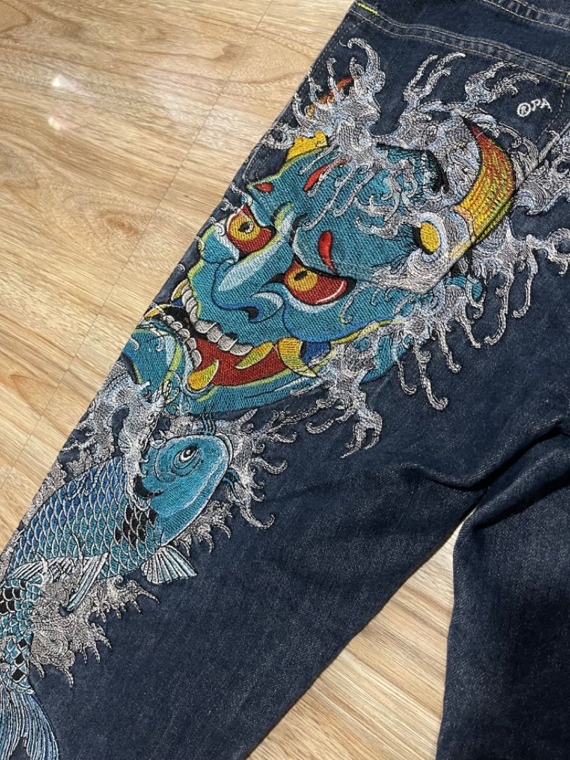 Sugoi Demon & Koi Fish Embroid, Men's Fashion, Bottoms, Jeans on Carousell