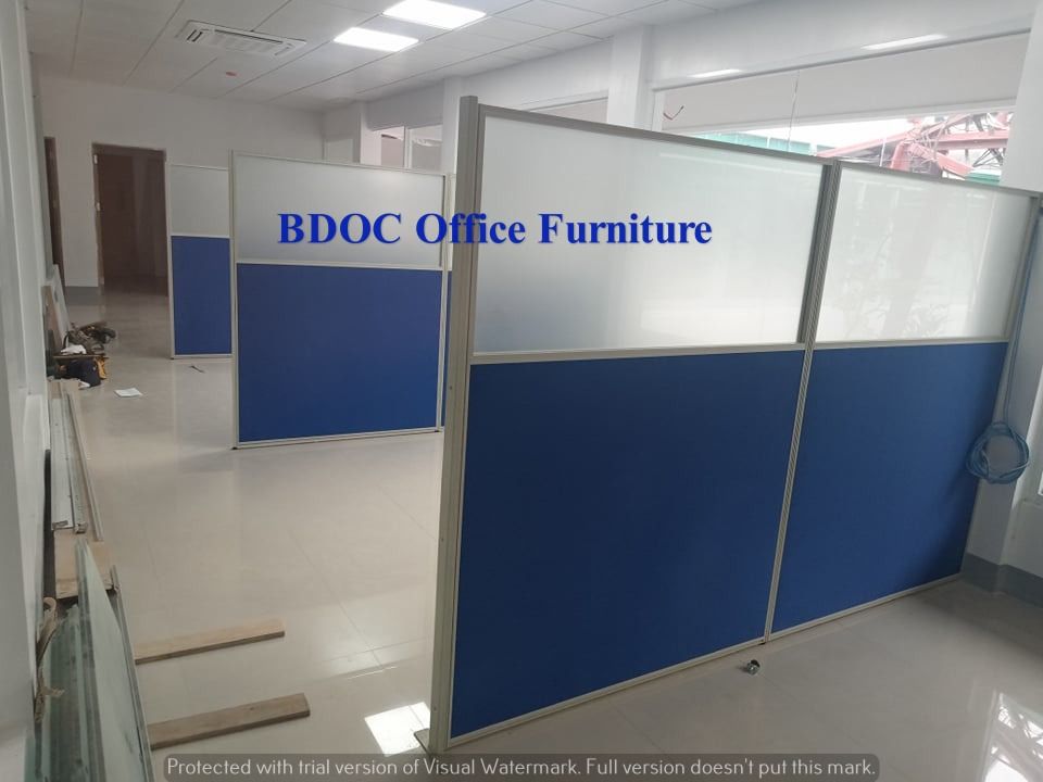 Blue fabric wall partition with smoke glass / office partition / office ...