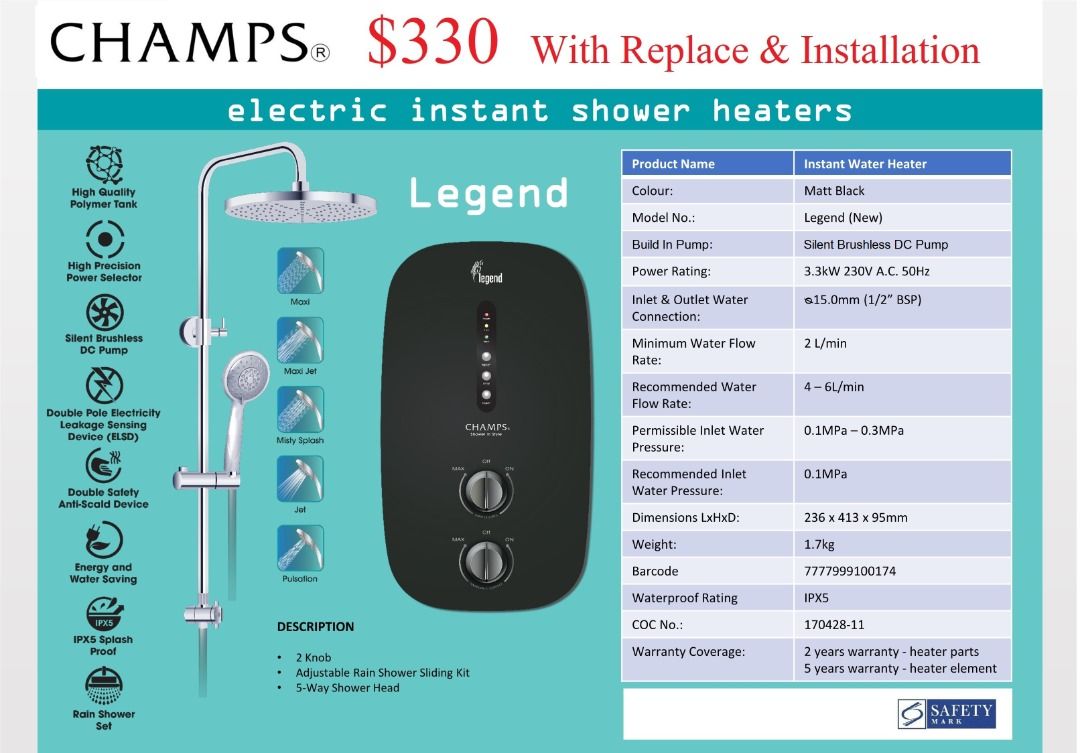 Champs/Legend/instant water heater/rain shower/With Installation/Build ...