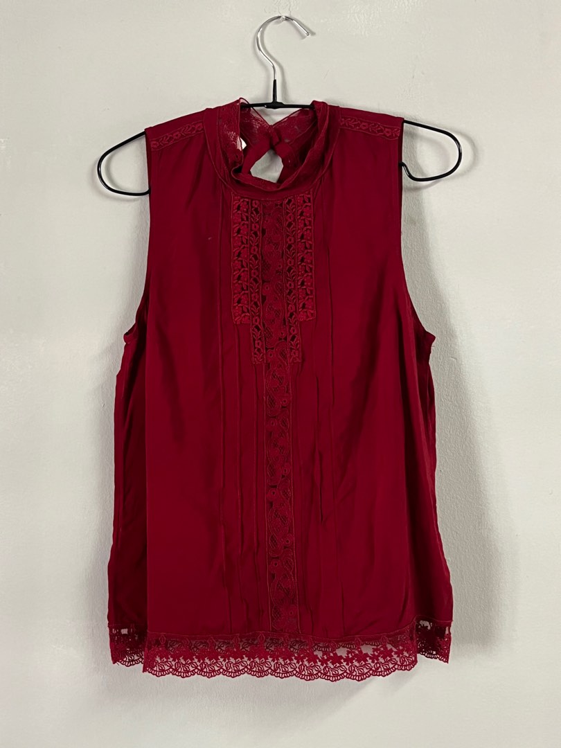 Red Lace Blouse Top Womens Fashion Tops Blouses On Carousell