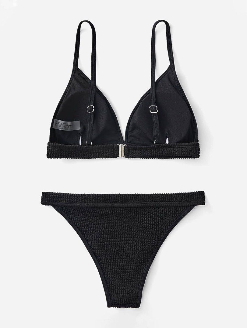 Shein Black Textured Triangle Bikini Swimsuit, Women's Fashion ...