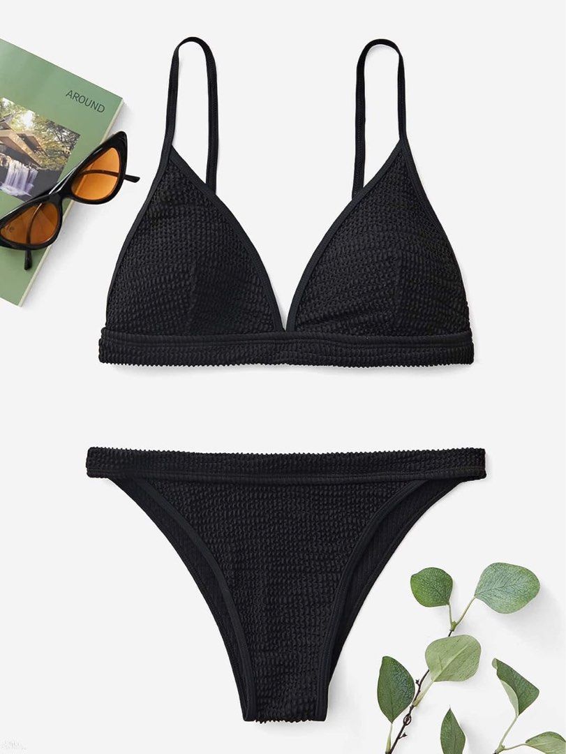 Shein Black Textured Triangle Bikini Swimsuit, Women's Fashion ...