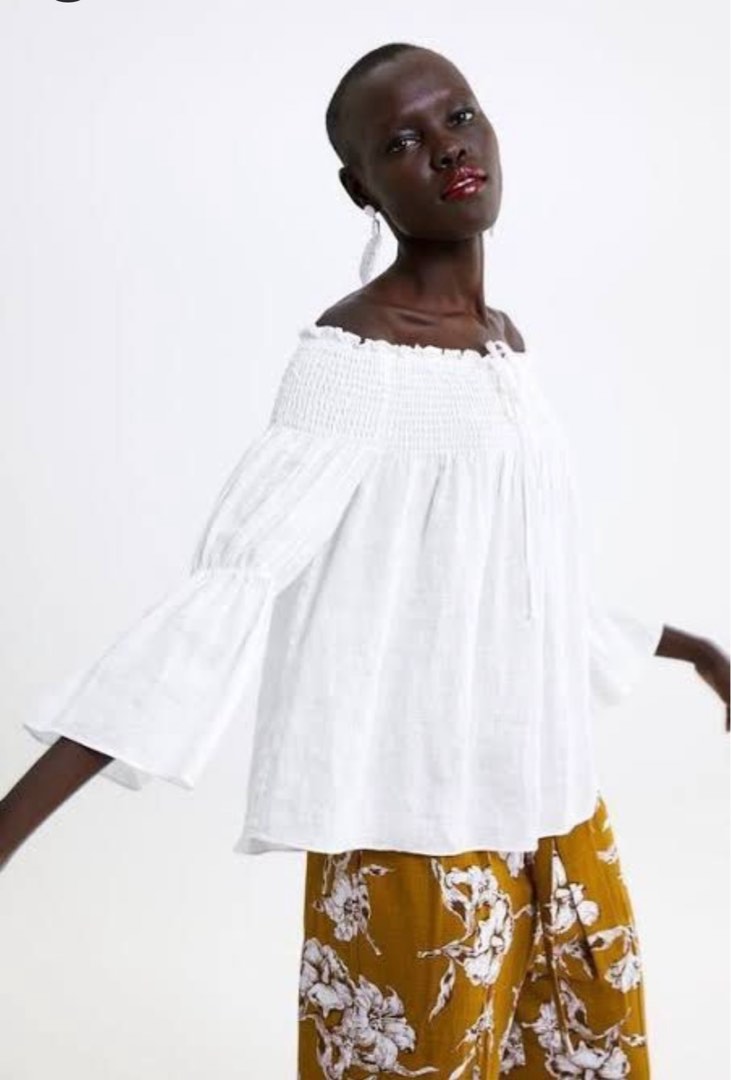 ZARA Linen smocked top, Women's Fashion, Tops, Blouses on Carousell