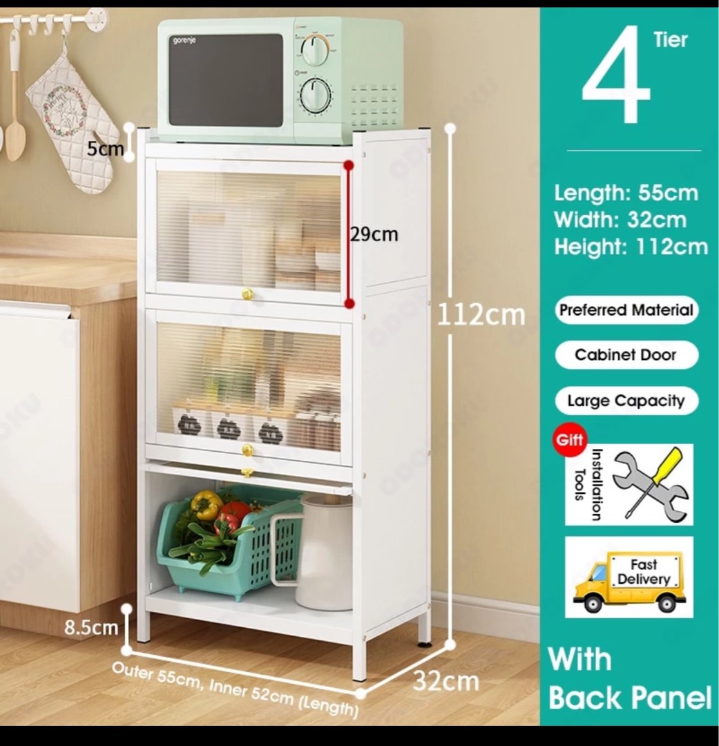 4 Tier kitchen rack with cabinet doors for bottom 3 shelves and ...