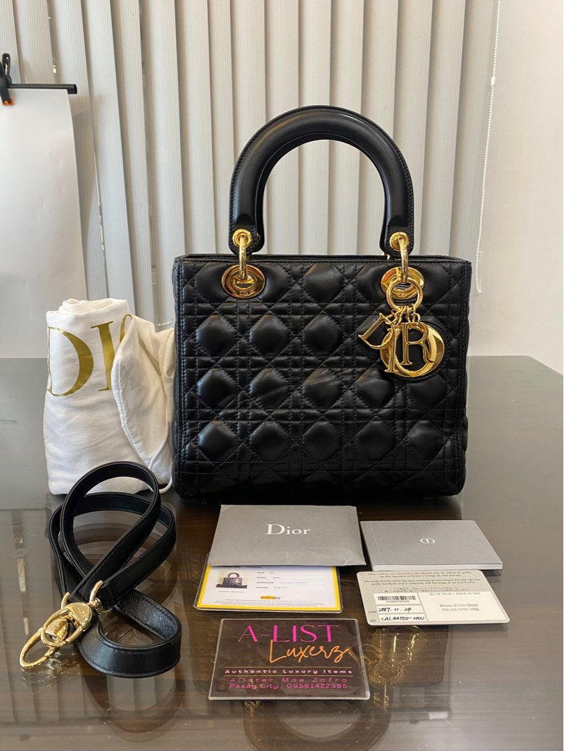 AUTHENTIC CD LADY DIOR MEDIUM BAG IN BLACK CANNAGE LAMBSKIN LEATHER GHW ...