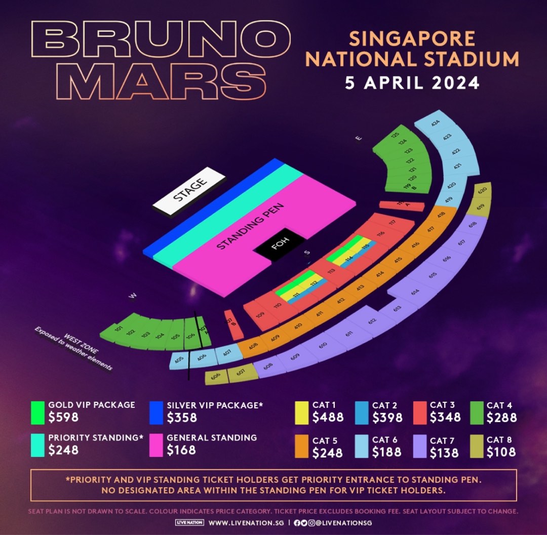 Bruno Mars Singapore 5 Apr General Standing Ticket x 1, Tickets ...