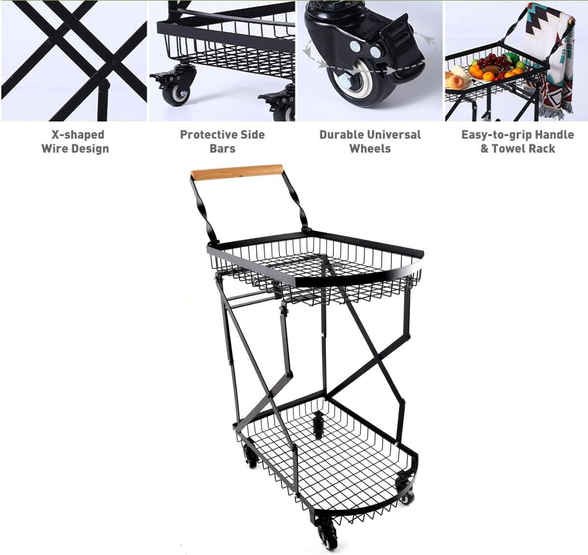 Multi Functional Collapsible Carts, 2-Tier Foldable Storage Cart Metal ...