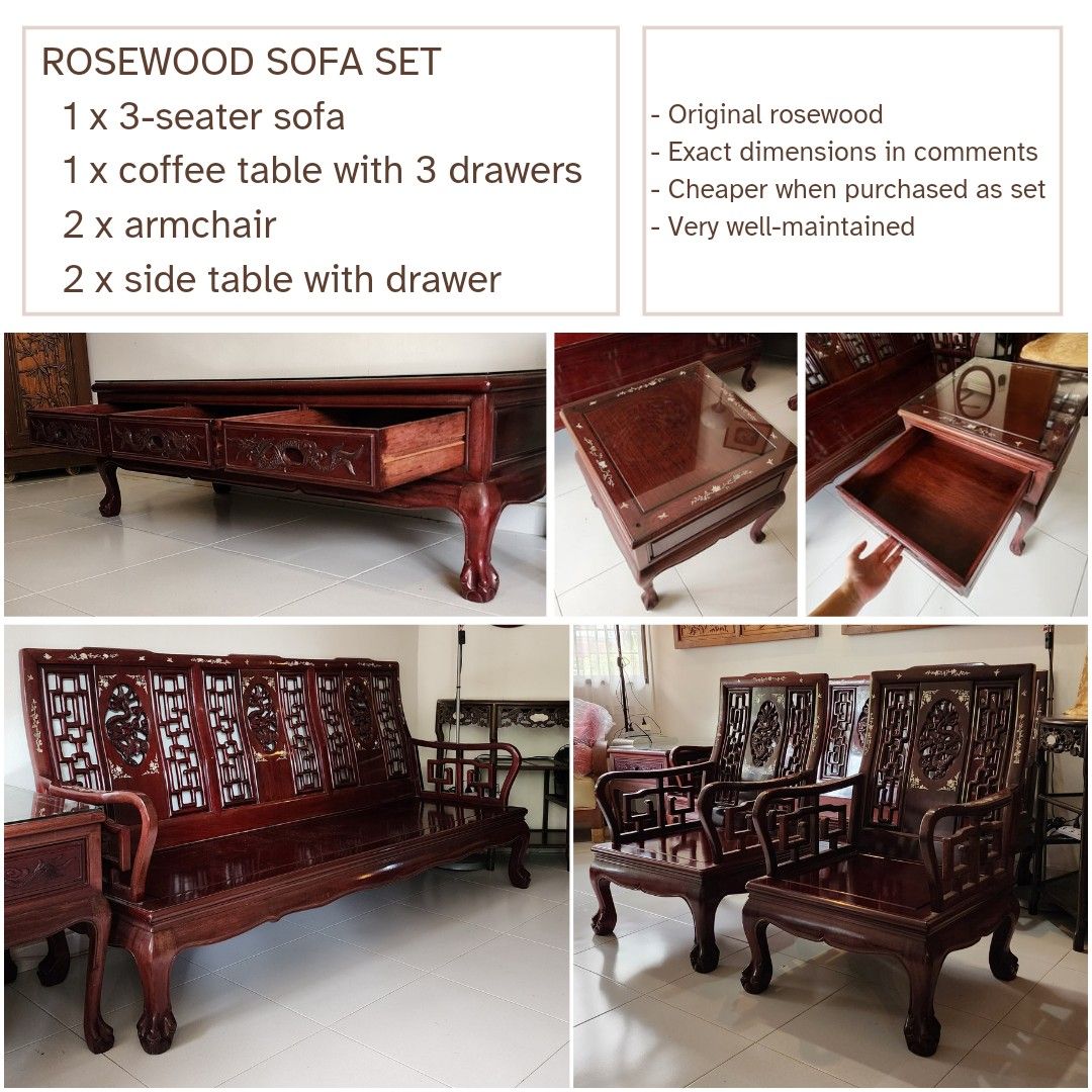 Original Antique Rosewood Sofa Set with Armchair and Coffee and Side ...
