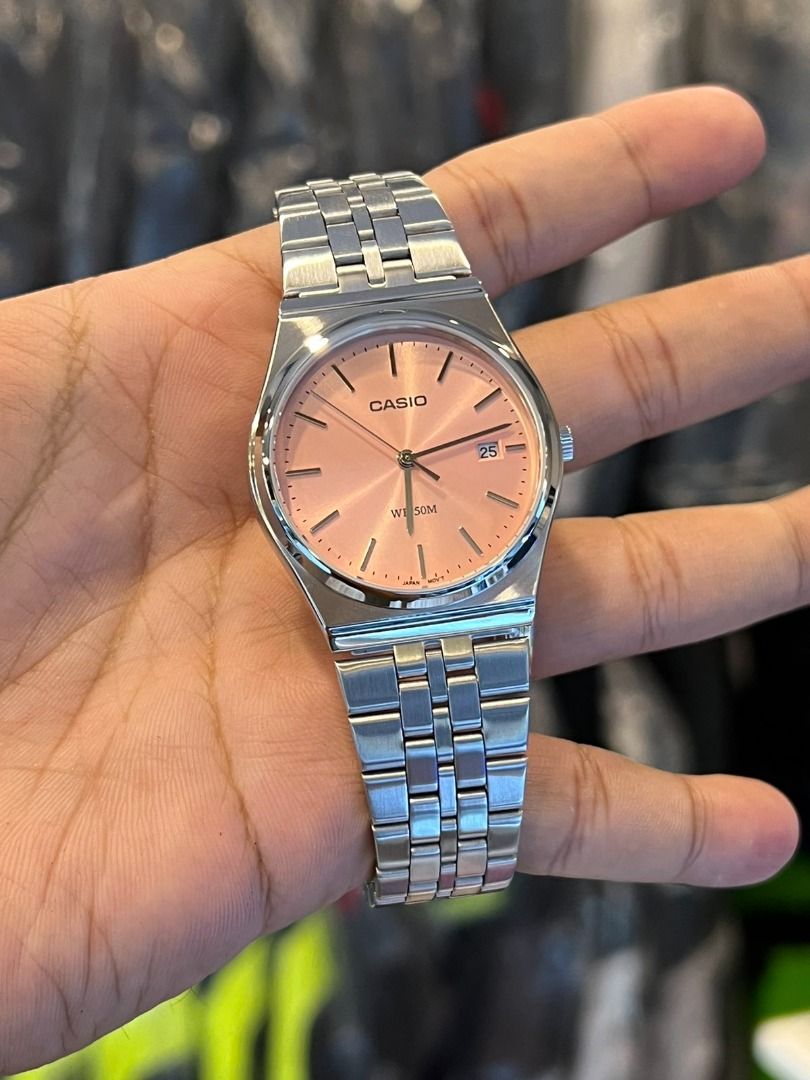 ORIGINAL CASIO Analog Salmon Pink Dial Stainless Steel Watch MTP-B145D ...