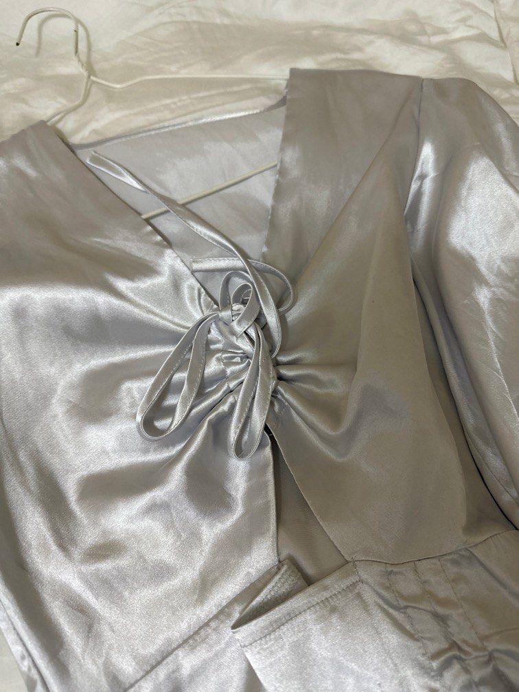 v cut white satin long sleeve drawstring dress (cny edition) , Women's ...