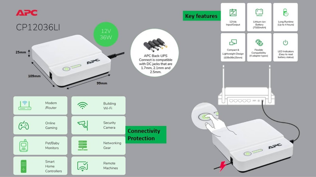 APC mini network UPS 12Vdc 36W, lithium-ion, to protect internet ...