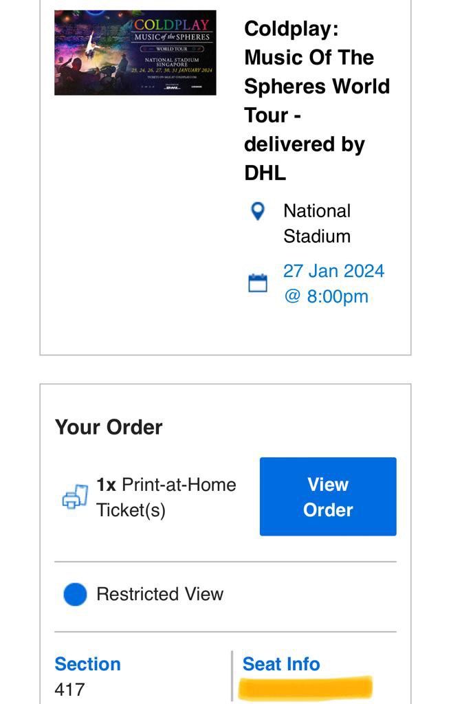 Coldplay Concert Ticket x 1 (27 Jan), Tickets & Vouchers, Event Tickets ...