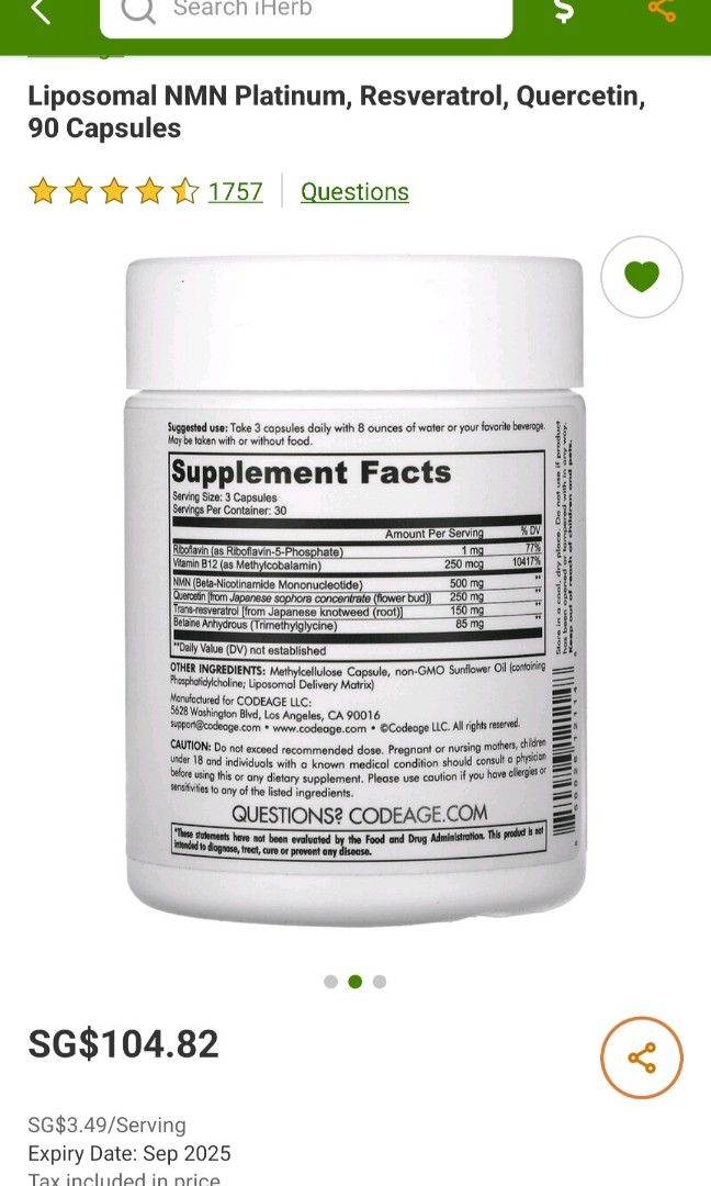 Liposomal NMN Platinum 90 capsules, Health & Nutrition, Health ...