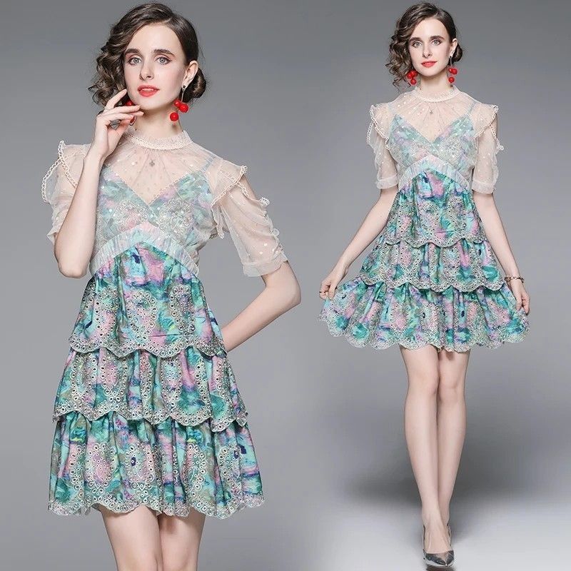 Lotus Leaf Hollow Out Tiered Mini Dress, Women's Fashion, Dresses ...