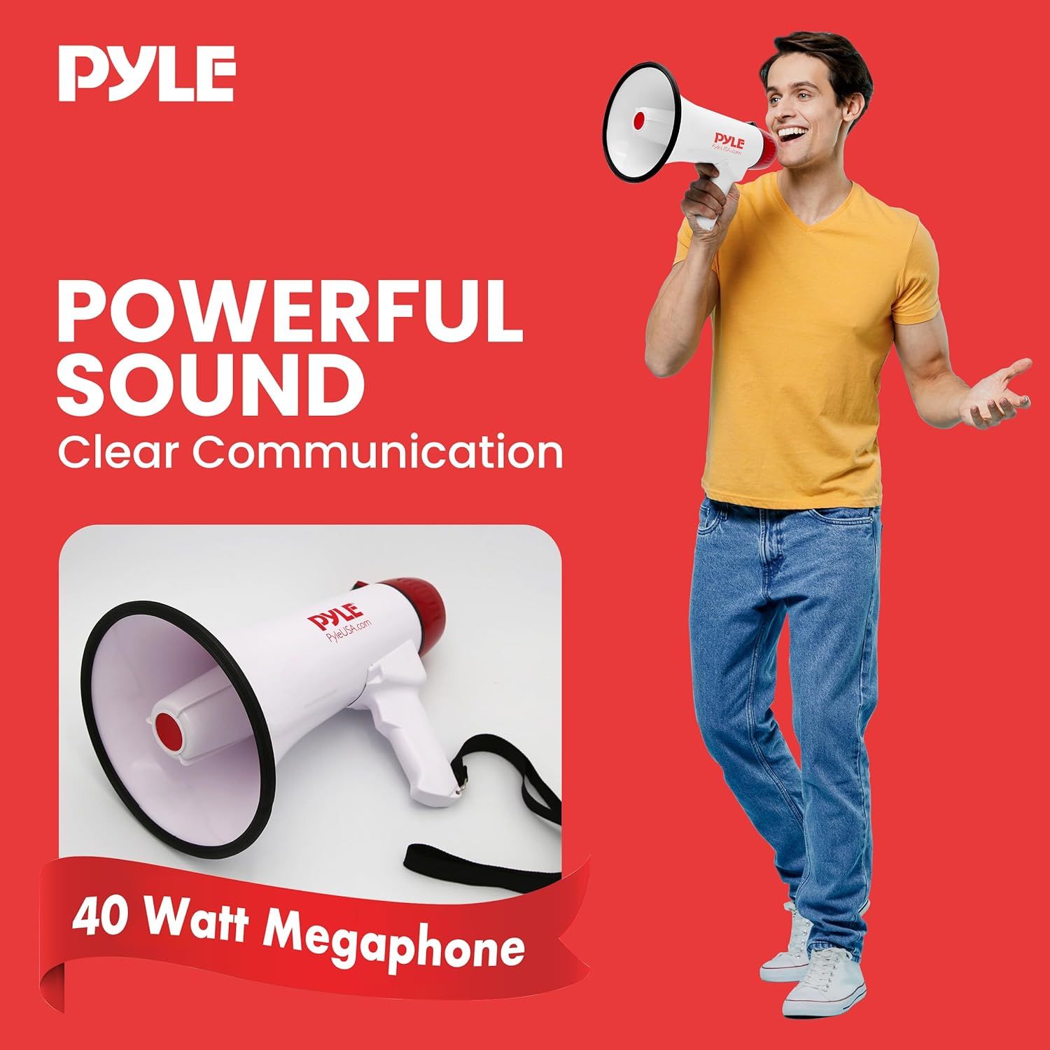 Pyle Megaphone Bullhorn Speaker - 40W, 1000 Yard Range, Built-in Siren ...