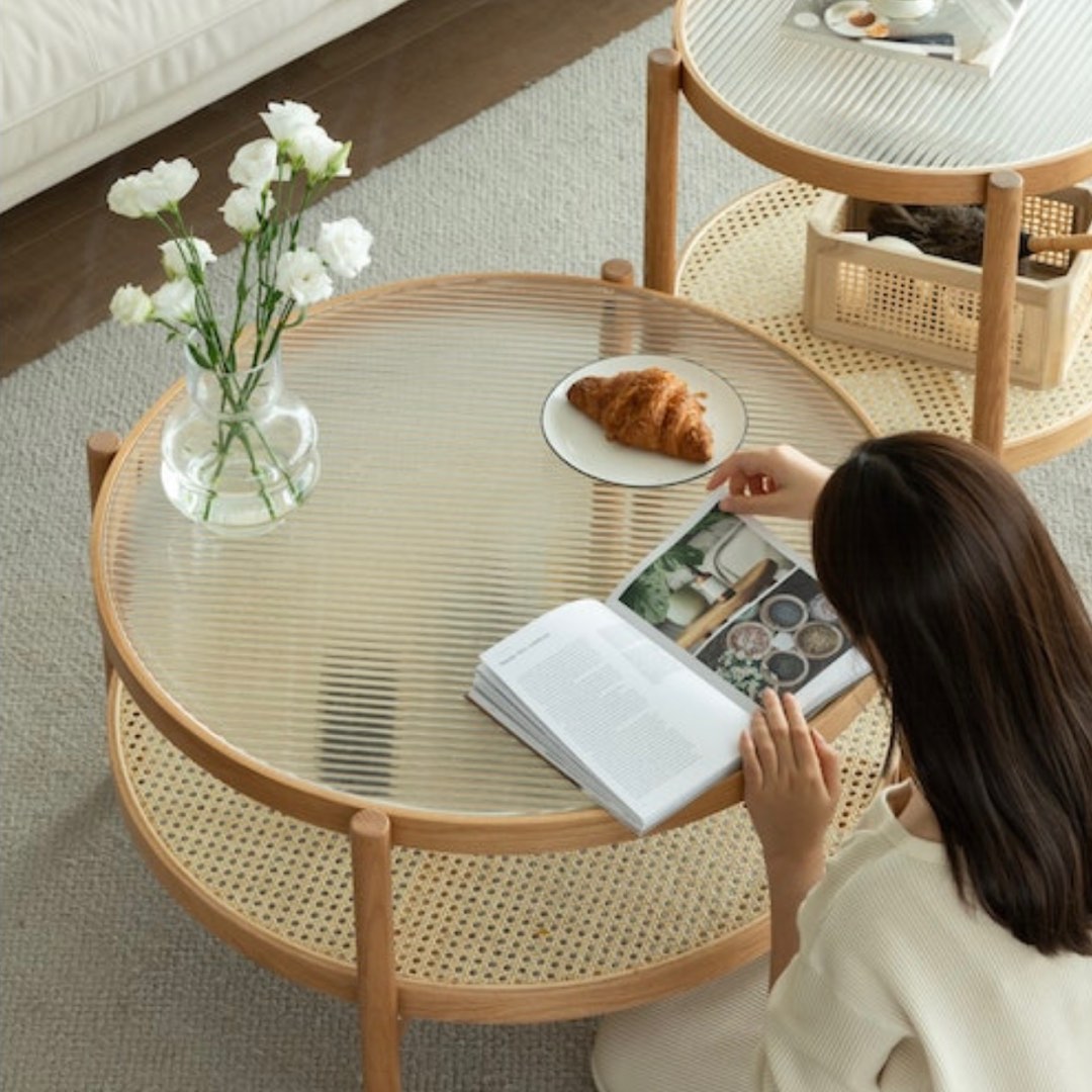 Rattan Fluted Glass Coffee Table (Natural Oak), Furniture & Home Living ...