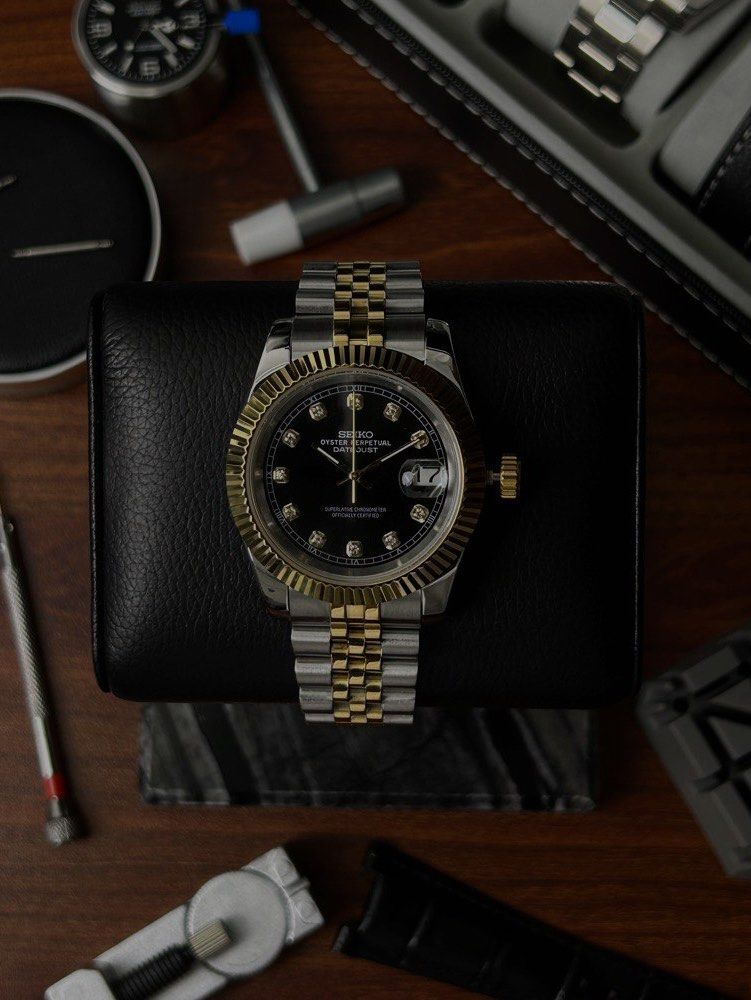 Seiko Oyster Perpetual Two Tone Black and Gold Datejust Mod in Jubilee ...