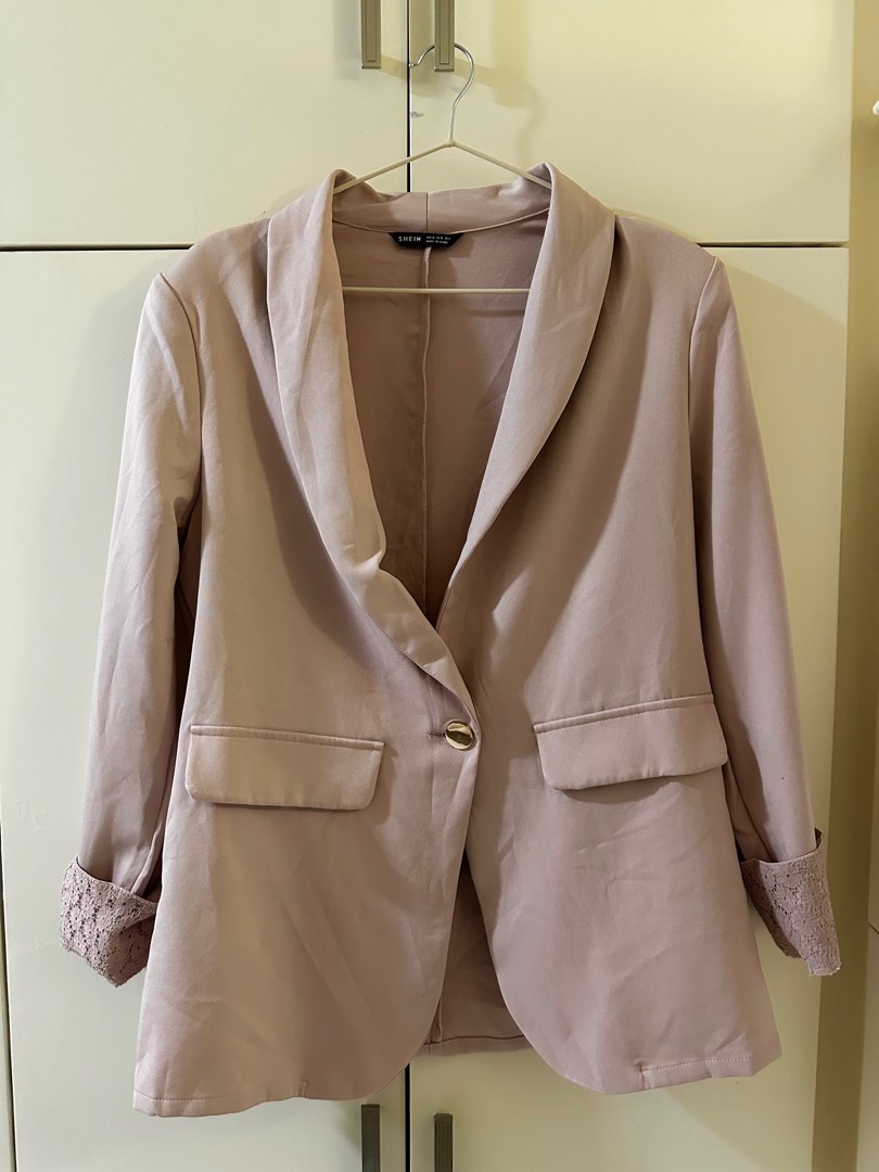SHEIN Blush Pink Blazer with Lace Cuffs, Women's Fashion, Coats ...