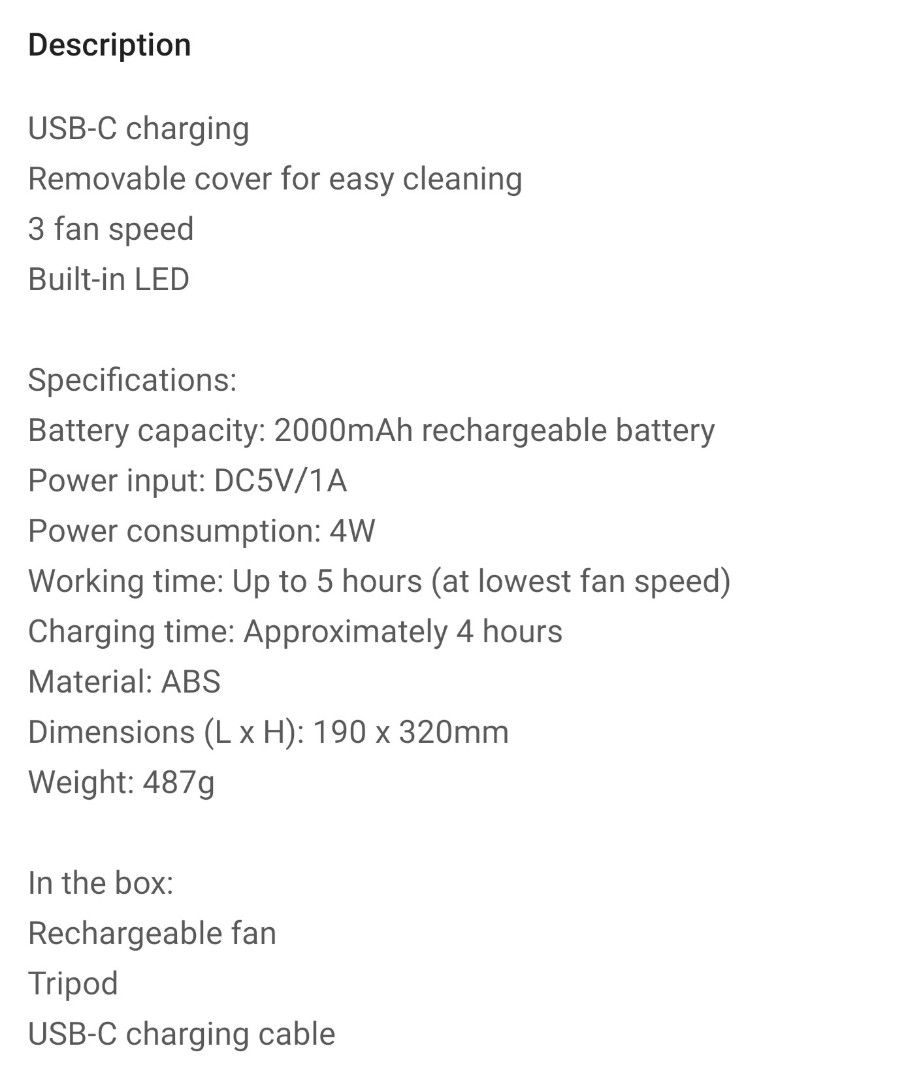 Valore Rechargeable Fan with Tripod and LED Light, Furniture & Home ...