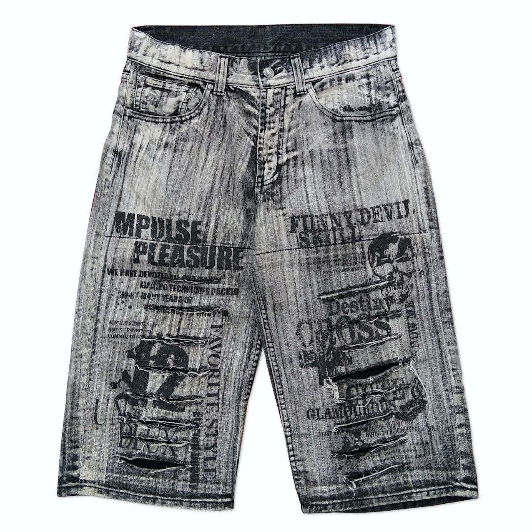 Vintage y2k FUNNY DEVIL SKULL Japanese Brand Printed Ripped Denim Jorts ...