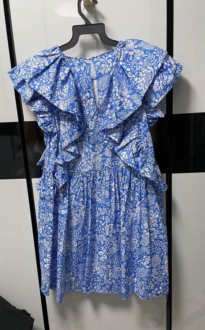 Zara Blue Floral raffles Dress with Frills, Women's Fashion, Dresses ...