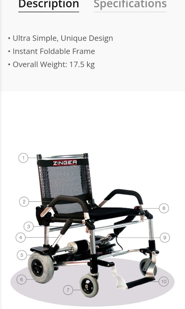 Zinger Electric Wheelchair (Foldable), Health & Nutrition, Assistive ...