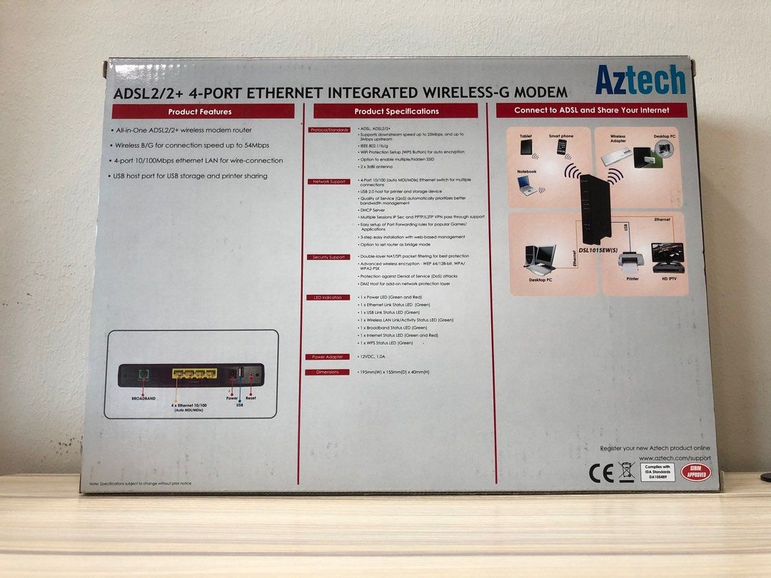Aztech 4-port ADSL 2/2+ Ethernet Modem Router, Computers & Tech, Parts ...