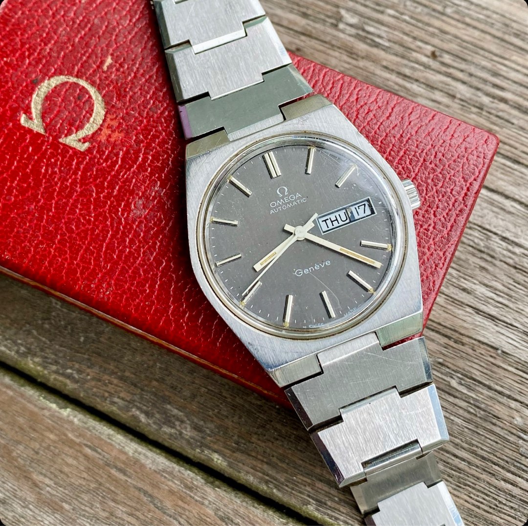 (Box/Sharp case) Vintage Omega Geneve DAY DATE Taupe Grey, Luxury ...