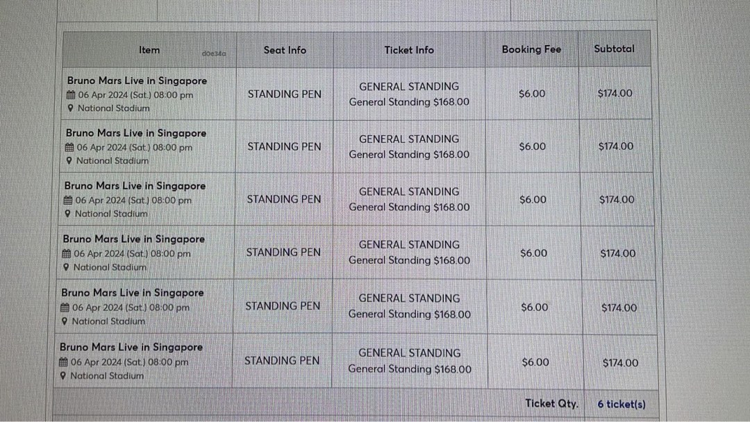 Bruno Mars (General Standing) 6x, Tickets & Vouchers, Event Tickets on Carousell