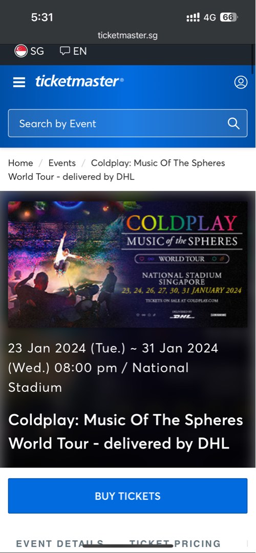 Coldplay Singapore Tickets 30Jan General Standing x2, Tickets ...