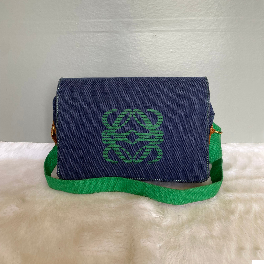 Loewe Vintage Blue Green Logo Canvas Messenger Crossbody Bag, Men's ...