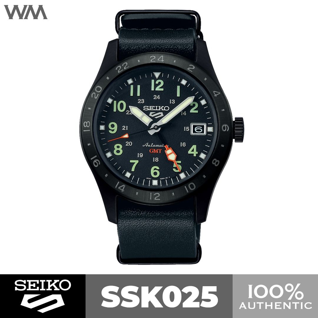 Seiko 5 Sports Black Dial GMT Automatic Field Watch Black Leather Strap ...